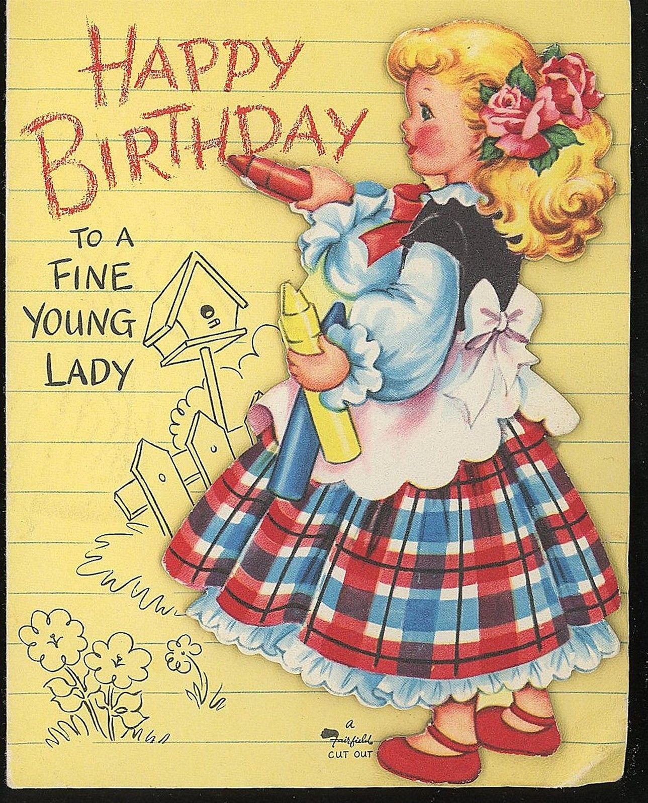 Unusual Format Happy Birthday Paper Doll Greeting card Fine Young Girl ...