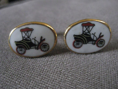 VINTAGE GOLD PORCELAIN GLASS ANTIQUE ROADSTER CUFFLINKS -- Antique ...