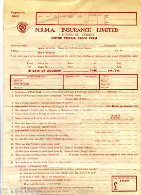NRMA Insurance Ltd. Motor Vehicle Claim Form circa 1959 -- Antique ...