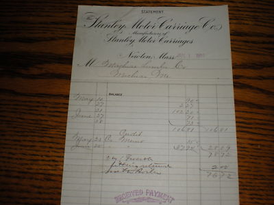1910 Stanley Motor Carriage invoice;Newton,Massachusett -- Antique ...