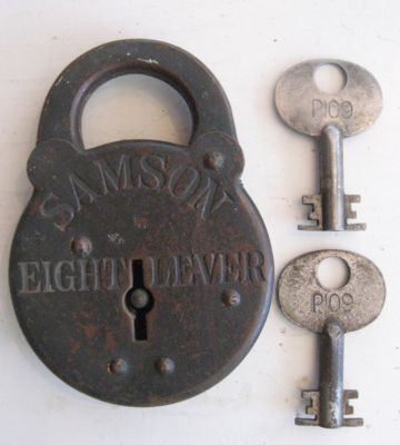 VINTAGE BRASS SAMSON EIGHT LEVER LOCK WITH 2 KEYS -- Antique Price ...