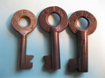 3 Antique Brass barrel keys all TWP Co.3 different cuts -- Antique ...