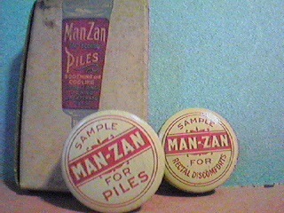 2 Man Zan Piles pills sample tins in box w/instructions -- Antique ...