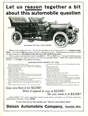 Rare 1907 DOLSON Model F AUTOMOBILE Ad. Charlotte, Mich -- Antique ...