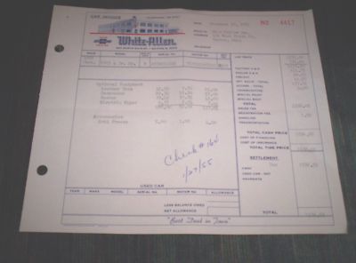 1955 Chevrolet Dealer Original Invoice Yellow Cab Taxi -- Antique Price ...
