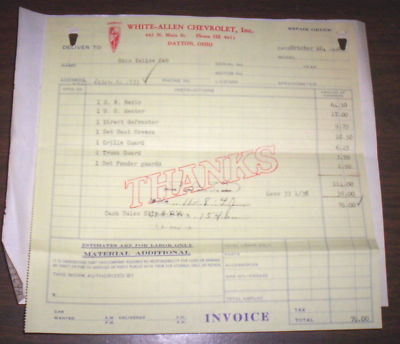 1940 Chevrolet Chevy Car Invoice Repair Order Vintage -- Antique Price ...