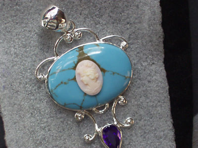 CARVED SHELL CAMEO TURQUOISE QUARTZ STERLING PENDANT -- Antique Price ...