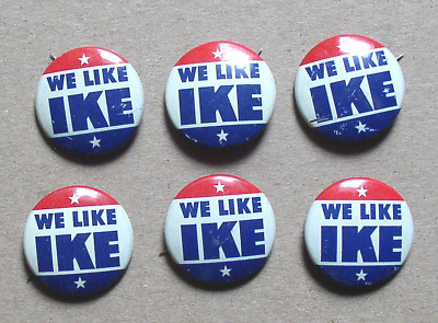 6 We Like Ike Eisenhower Presidential campaign pins -- Antique Price ...