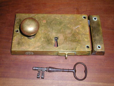 Williamsburg repro. Brass Rim Lock; Keeper, key, knobs -- Antique Price ...
