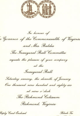 Inaugural Ball Invitation 1986 Virgina Governor Baliles -- Antique ...