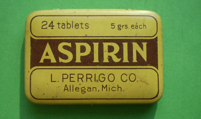 ca. 1930s-40s L. Perrigo Co. Allegan, Mich. ASPIRIN 24 Tablets Yellow ...