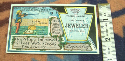 KEYSTONE SILVER POCKET WATCH TARGET BALL TRAP SHOOT JEWELER TRADE CARD ...