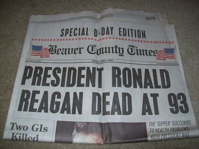 Ronald Reagan Newspaper Article "Reagan Dead at 93" Dated 6/6/2004 ...