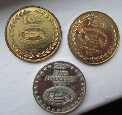 3 Vintage CHEVROLET CLUB AMERICA 10th 15th 25th Anniversary Coins Token ...