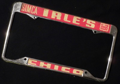 VINTAGE LICENSE PLATE FRAME RARE SIMCA CAR IRLE'S DEALERSHIP CHICO ...