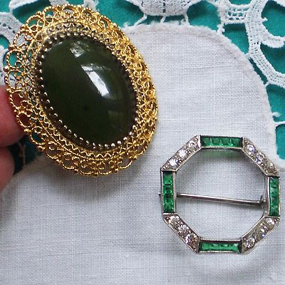 2 Signed STERLING Antique PINS Jade Brooch KL Karen Lynne C&H Co ...