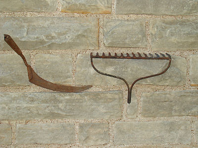 Primitive steel rake head, vintage garden and lawn tool and hand scythe ...