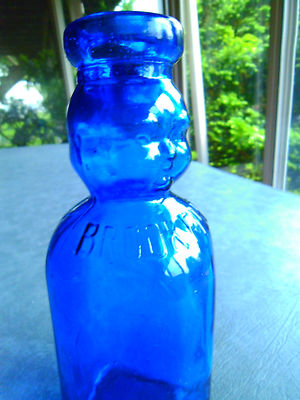BROOKFIELD DAIRY COBALT BLUE GLASS MILK BOTTLE 2 SIDED BABY FACED CREAM ...
