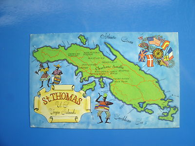 GORGEOUS COLOR MAP ST THOMAS VIRGIN ISLANDS, VINTAGE COLOR POSTCARD $. ...