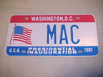 1981 MAC Vanity Ronald Reagan Inauguration Washington DC License Plate ...