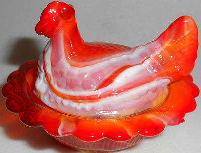ruby red and milk slag glass salt cellar hen chicken on nest basket ...