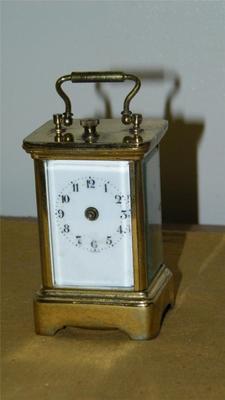 ANTIQUE MINATURE CARRIAGE GERMAN SHELF CLOCK ENAMEL FACE BRASS ...