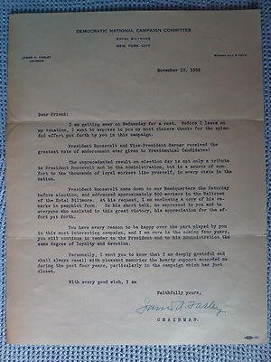 DEMOCRATIC NATIONAL CAMPAIGN COMMITTEE 1936 LETTERHEAD SIGNED BY JAMES ...