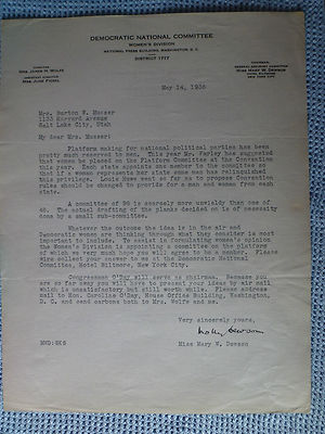 DEMOCRATIC NATIONAL COMMITTEE WOMENS DIVISION 1936 LETTERHEAD ...