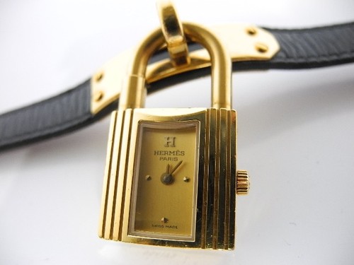 Authentic HERMES KELLY WATCH Black leather Gold face Padlock Wrist ...