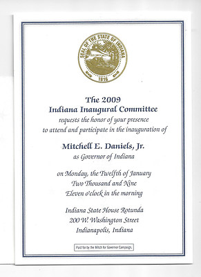 2009 INDIANA GOVERNOR MITCH DANIELS INAUGURAL INVITATION w/ ENVELOPE ...