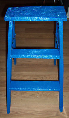 Vintage Antique 3 Step Primitive Folding Wood Wooden Ladder DEEP BLUE ...