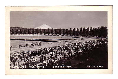 Real Photo Postcard Longacres Race Track Seattle Mt. Rainier bkgnd 'VI ...