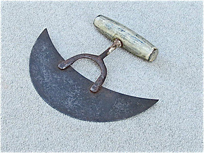 CRESCENT SHAPE FOOD CHOPPER BLADE W. WOOD HANDLE WITH PATINA ...