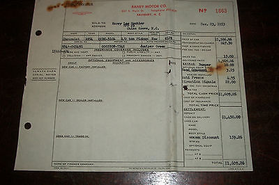 1954 New Car Invoice Chevrolet 1954 1/2 Ton Pickup Raney Motor Co ...