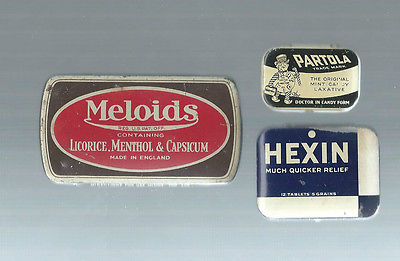 3 early medicine tins Hexin aspirin tablets partola laxative Meloids ...