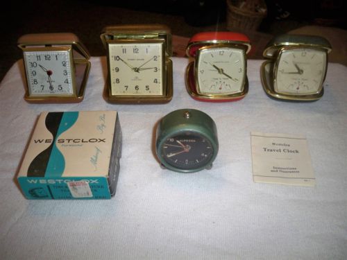 5 ANTIQUE & VINTAGE WIND UP TRAVEL ALARM CLOCKS LOT WESTCLOX TIME TEMP ...