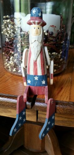 Hand carved hand painted jointed wooden Uncle Sam July 4th primitive ...