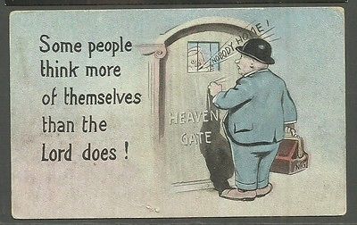 Man w/ tool box knocking on Heaven's door/ comic postcard -- Antique ...