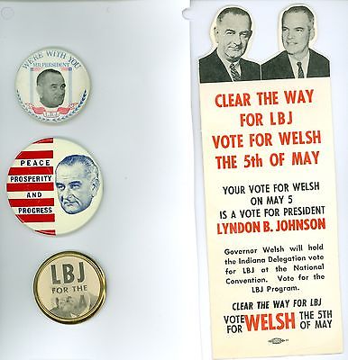 3 Vintage 1964 President Johnson Political Pinback Buttons & 1 Voter ...