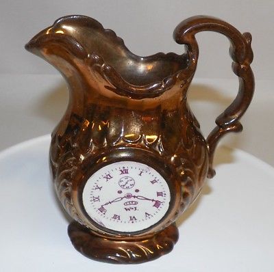 ANTIQUE COPPER LUSTER Pitcher CLOCK Man Fishing PRIMITIVE -- Antique ...