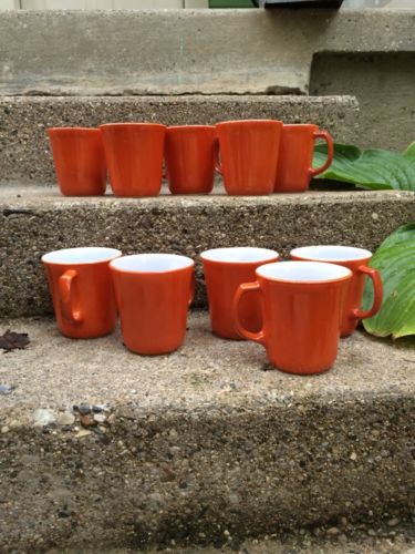 Vtg Set 10 Corning Pyrex Milk Glass Cinnamon Rust Orange Coffee Cup Mug ...
