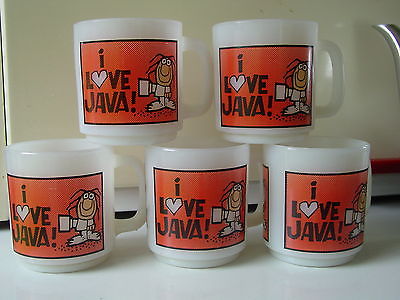 5 Glasbake Milk Glass Coffee Cups "I Love Java" 1960s-70s Glass-bake ...