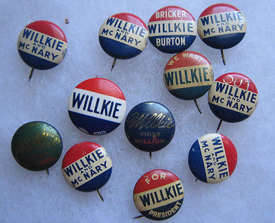(12) Vintage 1940 (Wendell) Willkie, Willkie-McNary Campaign Buttons ...