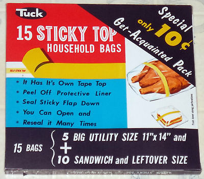 NOS ORIGINAL 1950`s FULL BOX OF "TUCK" STICKY TOP HOUSEHOLD BAGS--EARLY ...
