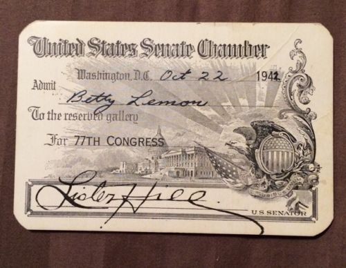 U.S. Senate Chambers Card Issued Oct 22, 1942 By Senator Lister Hill ...