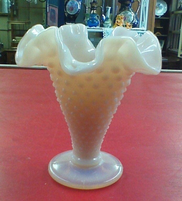 Stunning Pink Milk Glass Hobnail Small Flute Vase Double Ruffled Fenton ...