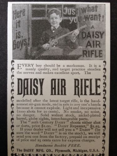 ANTIQUE ORIGINAL1899 PRINT AD (B10)~DAISY AIR RIFLE PLYMOUTH MICH ...