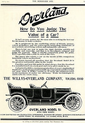 1911 OVERLAND CAR AD OVERLAND MODEL 51 WILLYS-OVERLAND COMPANY TOLEDO ...