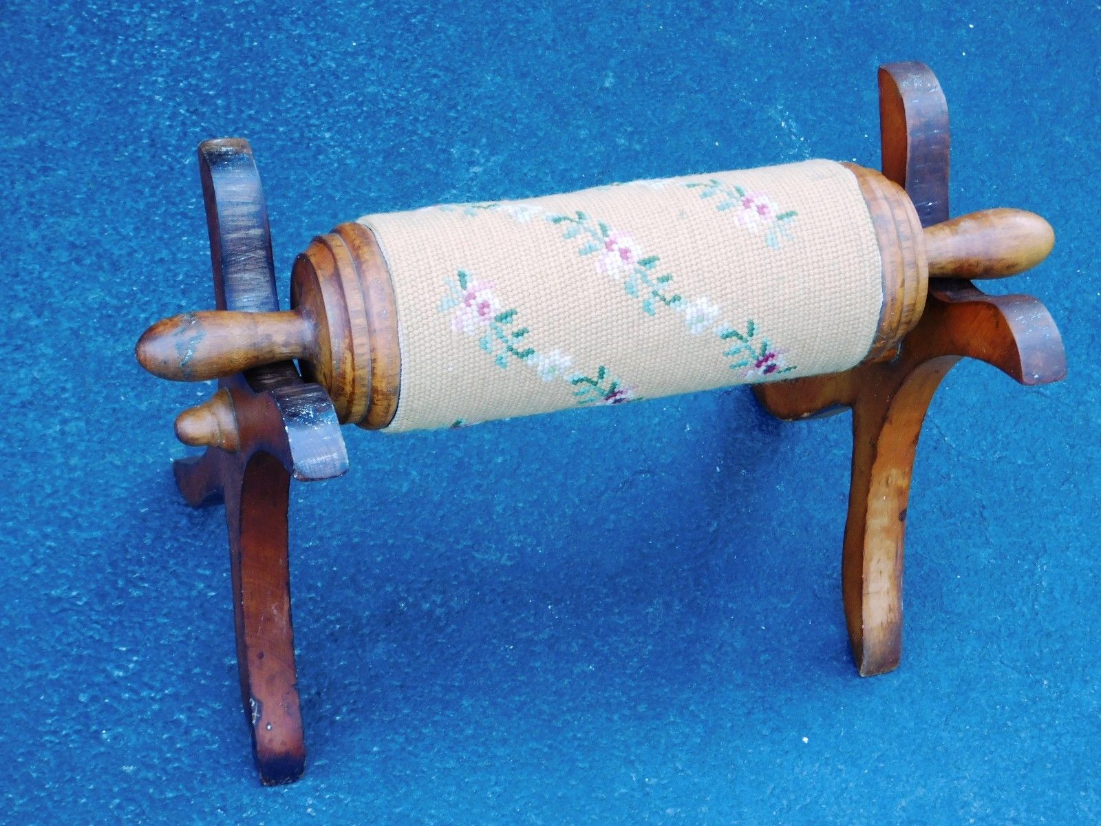 Antique 2pc Wood Floral Covered Material Rolling Pin Foot Rest Stool Ottoman Antique Price