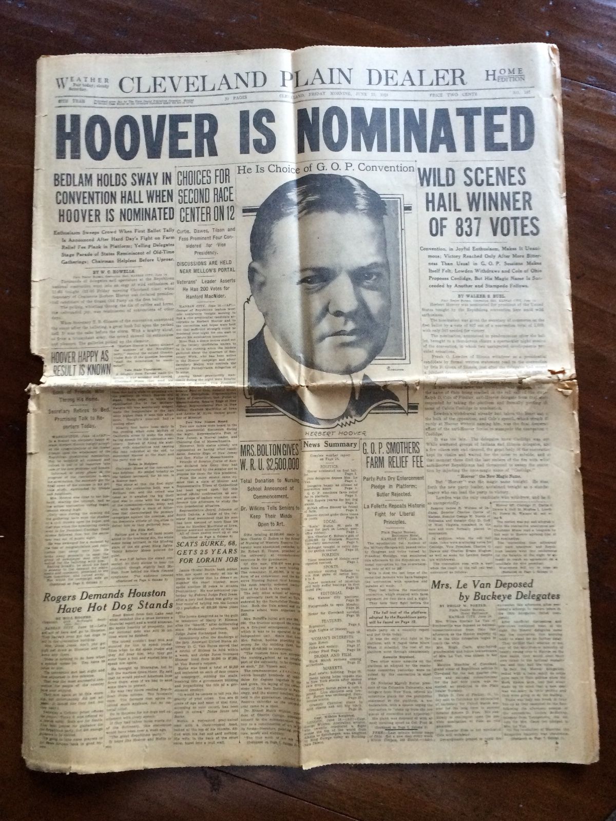 "Hoover Is Nominated" 1928 Portrait Newspaper Cleveland Plain Dealer ...